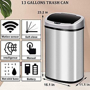 13 Gallon Trash Can Kitchen Garbage Can, Touch-Free Automatic Stainless Steel Trash Can with Lid Oval Shape Garbage Bin 50L High-Capacity Metal Trash Can for Bathroom Bedroom Home Office, Sliver