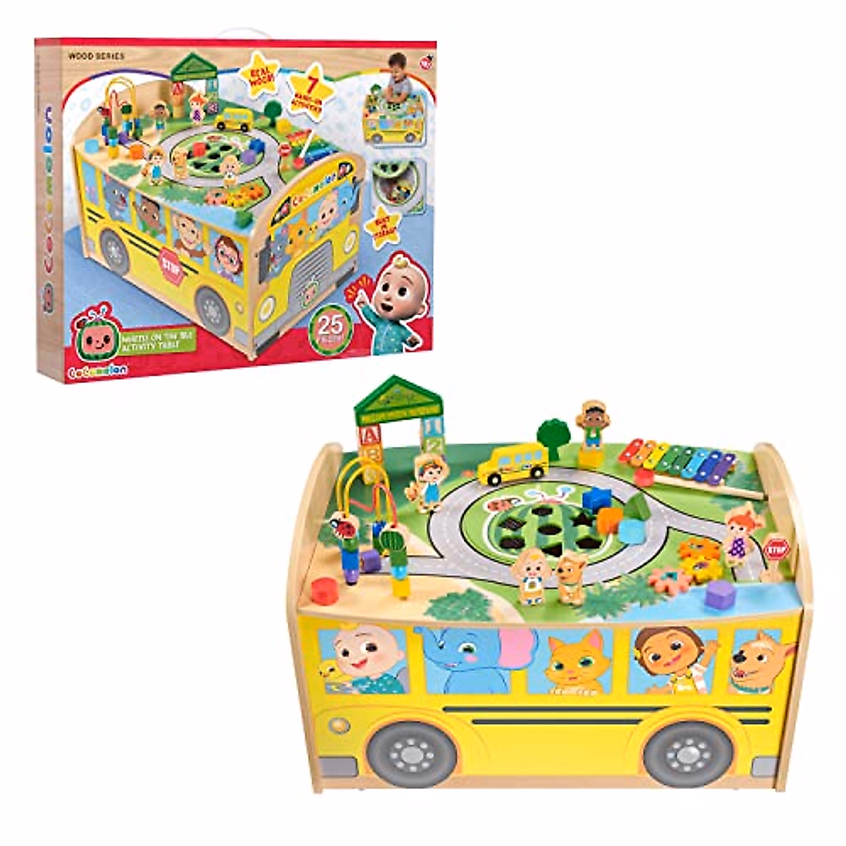 CoComelon Wheels on The Bus Wooden Activity Table, Recycled Wood, Officially Licensed Kids Toys for Ages 18 Month, Gifts and Presents