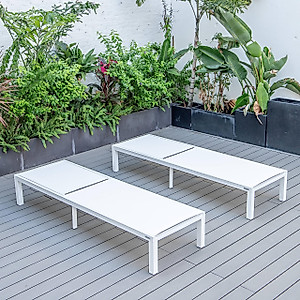 LeisureMod Marlin Poolside Outdoor Patio Lawn and Garden Modern White Powder Coated Aluminum Frame Suntan Sling Chaise Lounge Chair, Set of 2