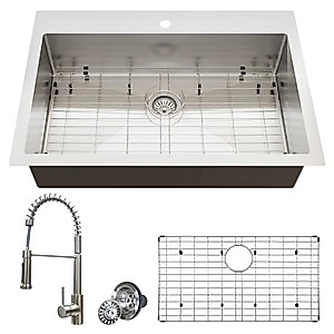 33 inch Kitchen Sink, TECASA Drop-in or Undermount Sink with Faucet Combo, Dual Mount Single Bowl T304 Grade Stainless Steel Sink