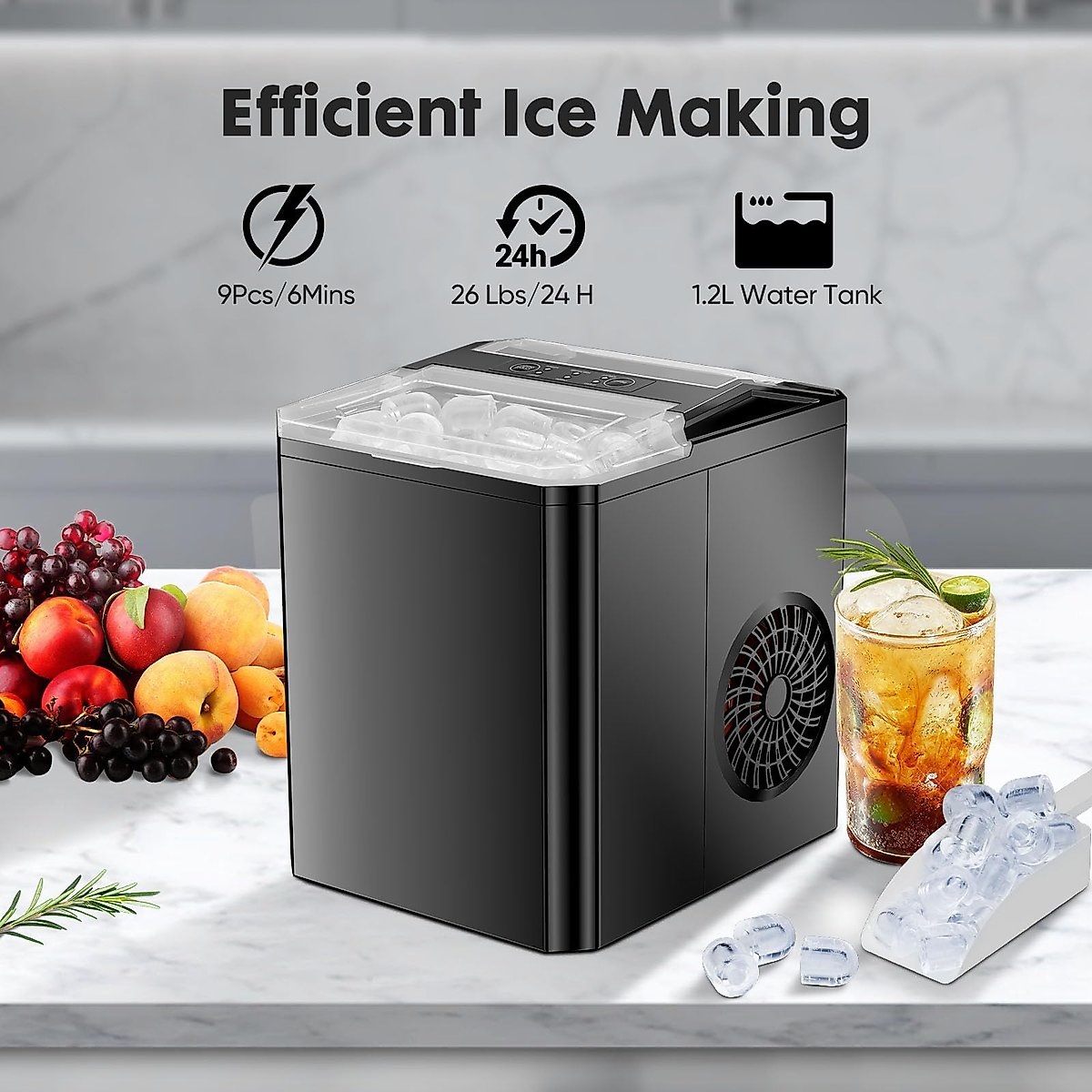 OLIXIS Ice Maker Countertop, 9 Cubes Ready in 6 Mins, 26lbs in 24Hrs, Self-Cleaning Ice Machine with Ice Scoop and Basket, 2 Sizes of Bullet Ice, Bright Black