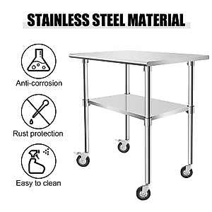 KODOM Food Prep Stainless Steel Table 36'' x 24'', Heavy Duty Workbench with Adjustable Under Shelf, Commercial Worktable with 4 Casters for Commerical Kitchen, Restaurant, Home and Hotel, Silver