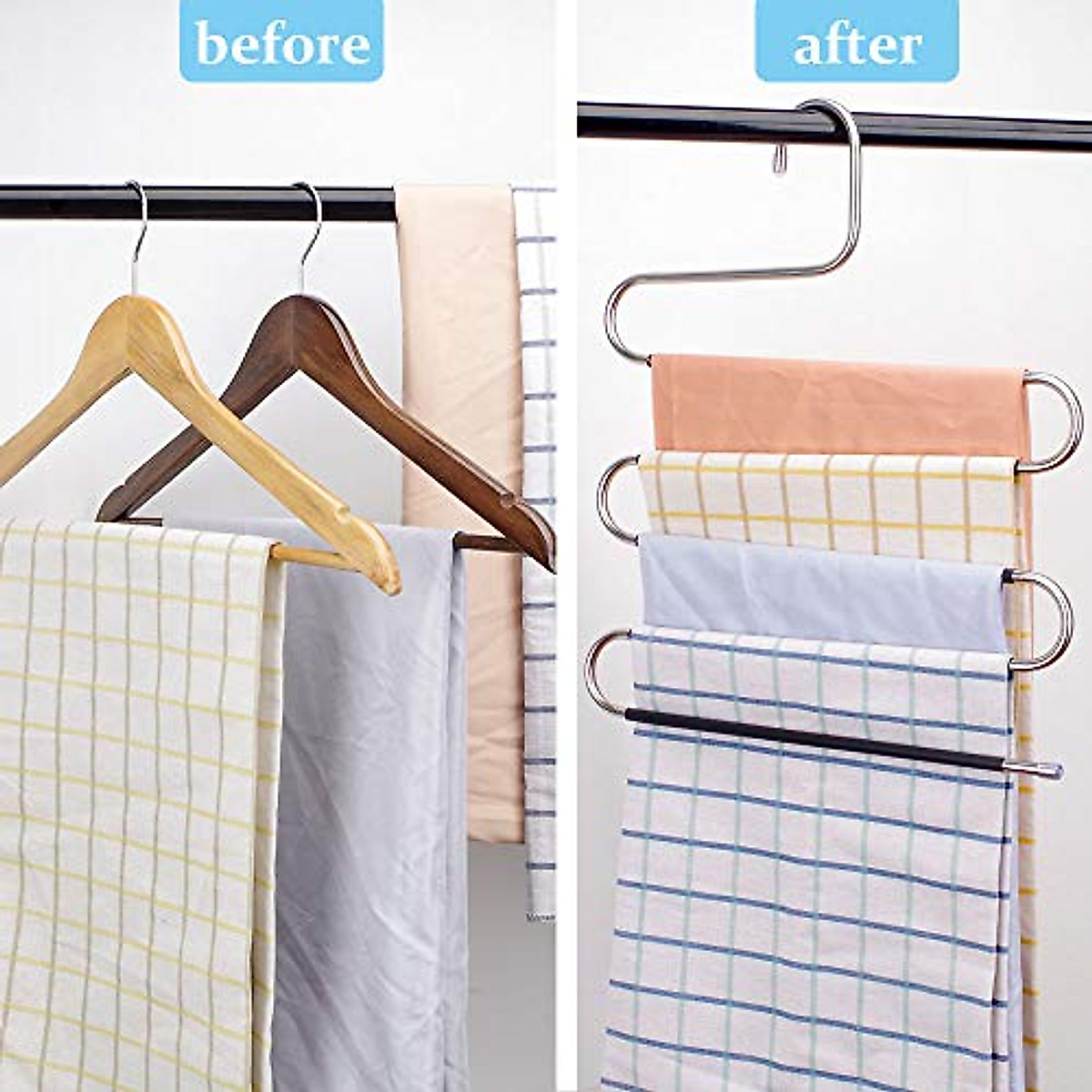 8pcs Pants Hangers S-Type Jeans Trousers Hangers Stainless Steel Clothes Hangers Closet Space Saving for Pants Jeans Scarf Organizer (Black with 10 Clips)