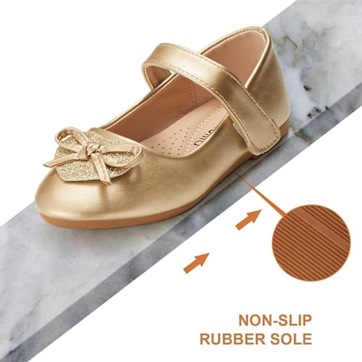 ADAMUMU Girls Gold Shoes Princess Dress Shoes Bow Ballet Flats for Party,Size 2M Big Kid