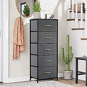 Crestlive Products Vertical Dresser Storage Tower - Sturdy Steel Frame, Wood Top, Easy Pull Fabric Bins, Wood Handles - Organizer Unit for Bedroom, Hallway, Entryway, Closets - 5 Drawers (Gray)