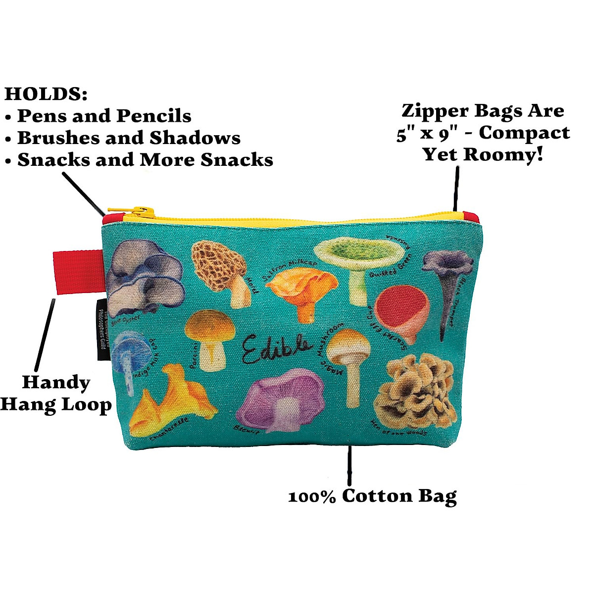 The Unemployed Philosophers Guild Mushroom Bag - 9" Canvas Zipper Toadstool and Nature Themed Pouch for Pencils, Tools, Cosmetics, Toiletries, and More