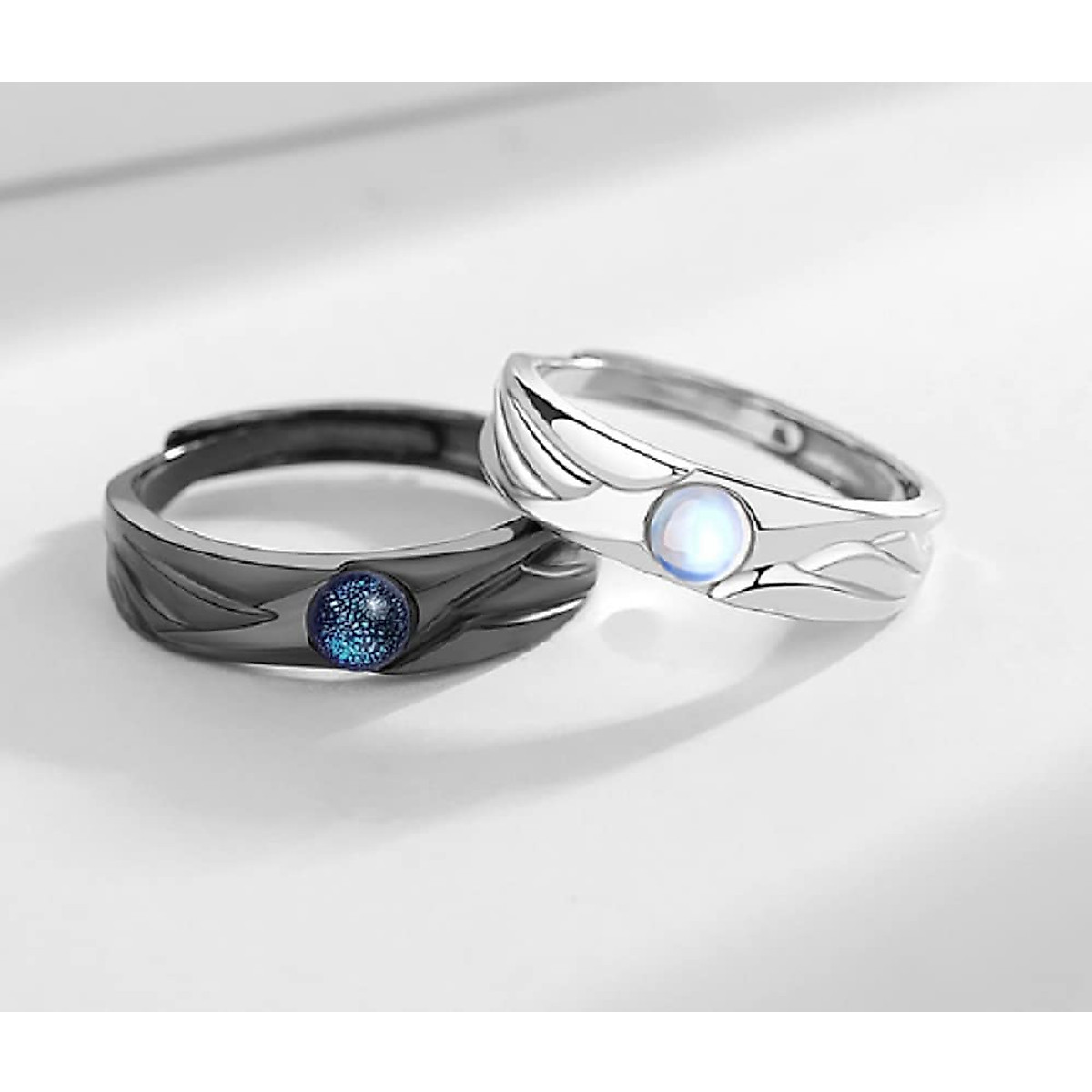 Awmnjtmgpw 925 Sterling Silver Retro Glazed Moonstone Ring Angel and Devil Couple Ring Black (Black)