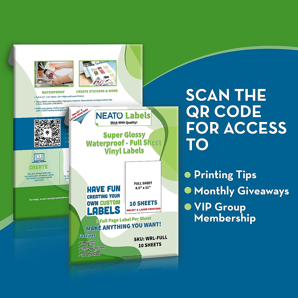 Printable Vinyl Waterproof Sticker Paper for Inkjet and Laser Printer - 10 White Full Sheet Super Glossy Craft Labels - Strong Adhesive - Tear Resistant - Made in The USA - Design Software Included