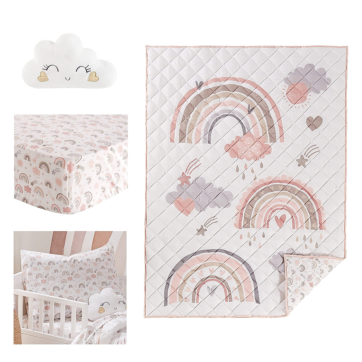 Levtex Baby - Rainbow Dreams Toddler Bed Set - Pink, Grey, Taupe, Tan and Coral - Rainbow Theme - 5 Piece Set - Quilt, Fitted Sheet, Flat Sheet, Pillow Case, Decorative Pilow