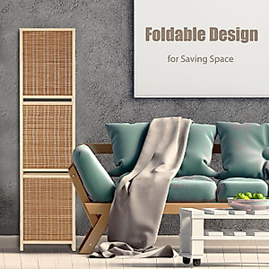 ECOMEX 4 Panel Room Divider with Shelves Fully Assembled 5.6Ft Folding Privacy Screens Wooden Room Dividers and Room Separator for Home Bedroom, Warm Brown