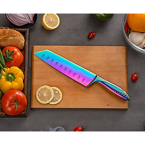 WELLSTAR Kiritsuke Chef Knife 8 Inch, Razor Sharp German Steel Blade and Comfortable Handle with Rainbow Titanium Coated for Kitchen Food Cutting Slicing Dicing, Asian Vegetable Meat Cooking Knife