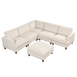 Eafurn L Shaped Modular Sectional Reversible Chaise and Ottoman, Corduroy Symmetrical Corner, Oversized Convertible Sleeper Sofa & Couch Bed for Living Room, Beige 6 Seater
