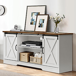 4 EVER WINNER White TV Stand for 65 Inch TV, 58" Farmhouse Entertainment Center with Sliding Barn Doors for Televisions up to 65+ Inch, TV Stand 65 Inch with Adjustable Shelf for Living Room