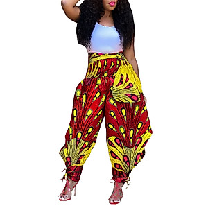 Women's Yoga Harem Pants Afriacan Print Joggers Hippie Bohemian Palazzo Lounges with Pockets Red