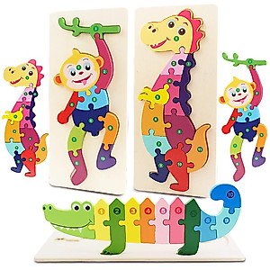 Wooden Jigsaw Puzzle Toy for Toddlers 1-3 Years Old- 3 Sets of Animals Dinosaur Crocodile Monkey,Colorful Wood Numbered Puzzles Baby Infant Kid Preschool Learning Educational Toys.