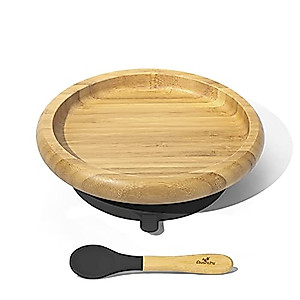 Avanchy Classic Baby Plates Non Divided Bamboo with Suction for Babies Kids Toddler Food with Silicone Spoon for Feeding, Black