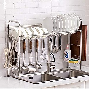 Stainless Steel Dish Rack in Sink,Large Dish Drying Rack Kitchen Aid Space Saver Organizer Storage Shelf Basket Hooks A 28inch