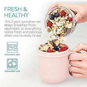 Navaris Breakfast To Go Cup - Portable 2-Piece Food Container Pot for Cereal, Yogurt, Oatmeal - Microwave and Dishwasher-Safe, BPA-Free - Pastel Pink