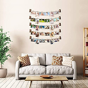 Emfogo Hanging Photo Display, Wood Picture Photo Frame for Wall DIY Decor 5 Strings with 30 Clips, Adjustable Twines fit Multi Pictures Frames Collage Organizer 35 x 35 inch
