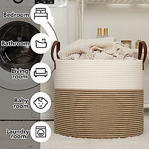 OIAHOMY Laundry Basket- Rope Basket Large Storage Basket with Handles,Modern Decorative Woven Basket for Living Room,Storage Baskets for Toys, Throws, Pillows,and Towels -18"18"×15"-White&Yellow
