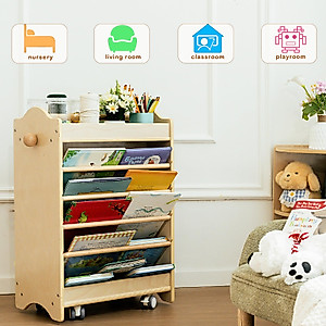 Kidi House 4-Tier Wooden Kids Bookshelf Double-Sided Toddler Bookshelf with Wheels Movable Birch Book Display Shelf Montessori Bookshelf Baby Bookshelf for Kids Room Nursery Classroom Playroom Natural