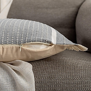 OJIA Modern Throw Pillow Cover with Tassels, Decorative Liana Fringe Accent Cushion Case, Farmhouse Woven Pillowcase for Sofa Chair Couch Bed Decor (Lumbar 12 x 20 Inches, Grey)