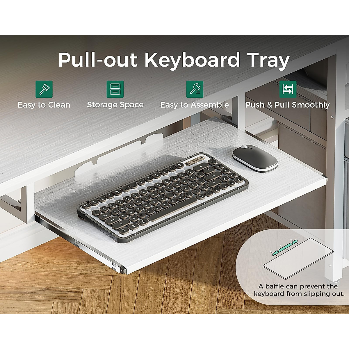 AODK 55" Computer Desk with Fabric File Cabinet and Drawer, Reversible Office Desk with Power Outlet and LED Light, Study Desk with Printer Stand, Keyboard Tray, Full Monitor Riser and PC Stand, White