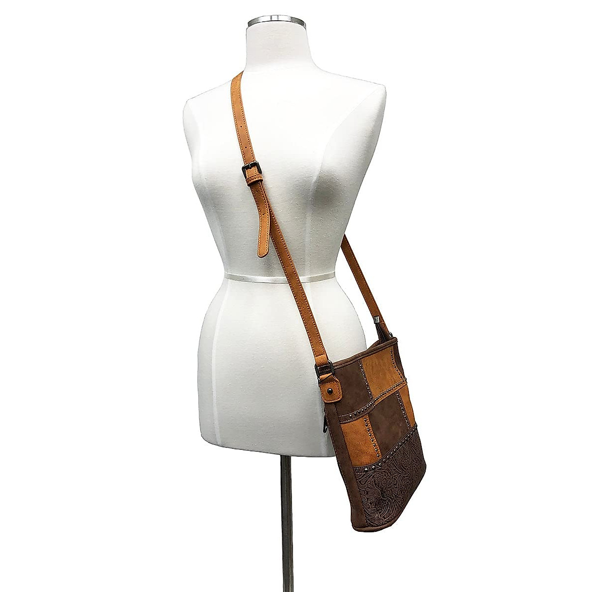 American Bling Concealed Gun Messenger Purse Wallet Set Tooling Patchwork Coffee, Medium