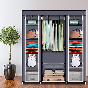 59" SP512 Portable Closet Organizer Non-Woven Fabric Clothes Wardrobe Closet Shelves,Quick and Easy to Assemble (Grey)