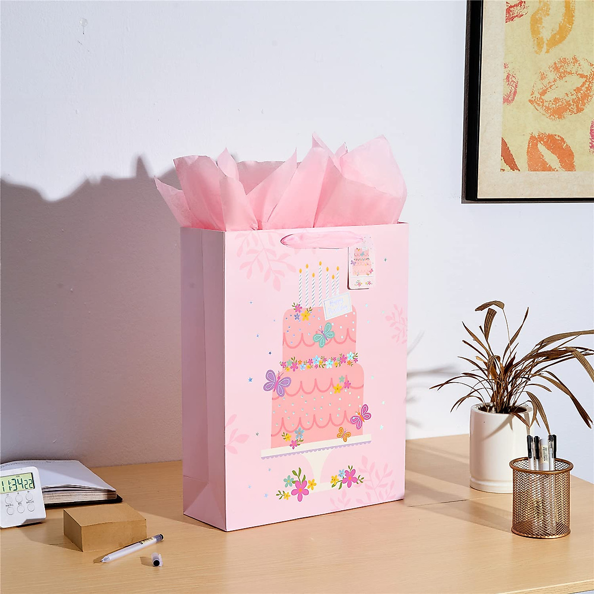 SUNCOLOR 16" Extra Large Gift Bag with Tissue Paper for Girls (Happy Birthday Cake)