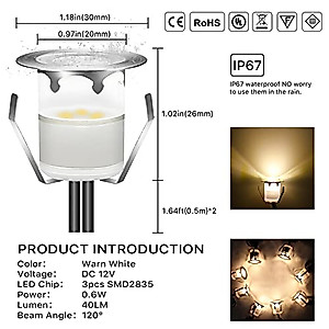 CISLAN LED Deck Stair Lights, 12 Pack Φ1.18in Warm White Stainless Steel and PC Stair Light Low Voltage 12V IP67 Waterproof Outdoor Landscape Lighting for Outside Garden Step Yard Lawn