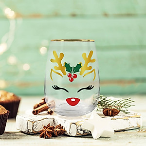 Whaline 17oz Christmas Novelty Stemless Wine Glasses with Gold Rimmed 2Pcs Reindeer Drinking Glasses for Christmas Party Event Supplies Kitchen Decor Gift