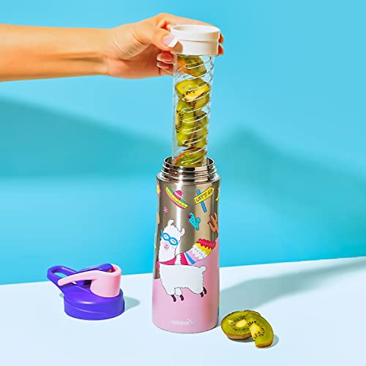 rabitat Nutri Lock Stainless Steel Insulated Sipper Bottle - Chatter Box, Purple/Pink Sipper for Kids. Reuseable Thermos Water Bottle for School with Fruit Infuser.