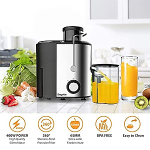 Juicer, Bagotte Centrifugal Juicer, 65mm Wide Feed Chute Juicer Machines for Whole Fruit and Vegetable, High Juice Yield Dual-Speed Juice Extractor with 304 Stainless Steel, BPA-Free, Easy to Clean