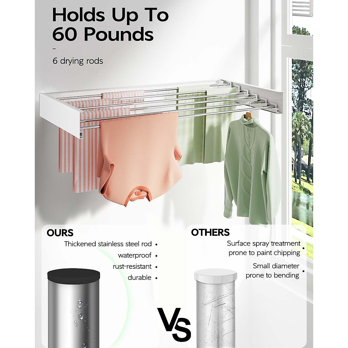 Vikaqi Wall Mounted Clothes Drying Rack 40 inches, Foldable Wall Mount Laundry Drying Rack Folding Indoor, Drying Rack Clothing Collapsible, Towel Drying Rack with Wall Template, 6 Rods, White