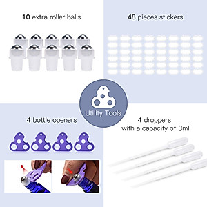 ULG Essential Oil Roller Bottles 48 Pack 10ml Cobalt Blue Glass Empty Bottles with Stainless Steel Roller Balls (10 Extra Roller Balls, 4 Openers, 4 Droppers, 48 Waterproof Labels)