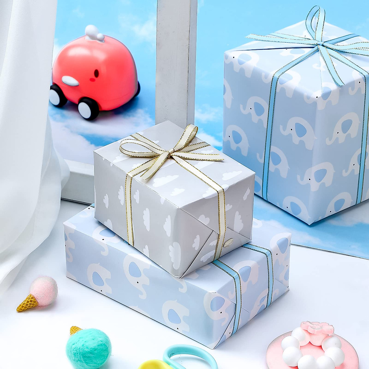 LeZakaa Reversible Baby Shower Wrapping Paper - Jumbo Roll - Elephant in Blue & Cloud in Gray for Baby Boy - 24 inches x 100 Feet (200 sq.ft.)