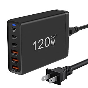 USB C Fast Charger, 120W GaN Compact 6 Port Charging Station, USB C Wall Charger Adapter 3 USB C and 3 QC USB A Travel Charger for All iPad iPhone 14 13 12 11 Pro Max Galaxy