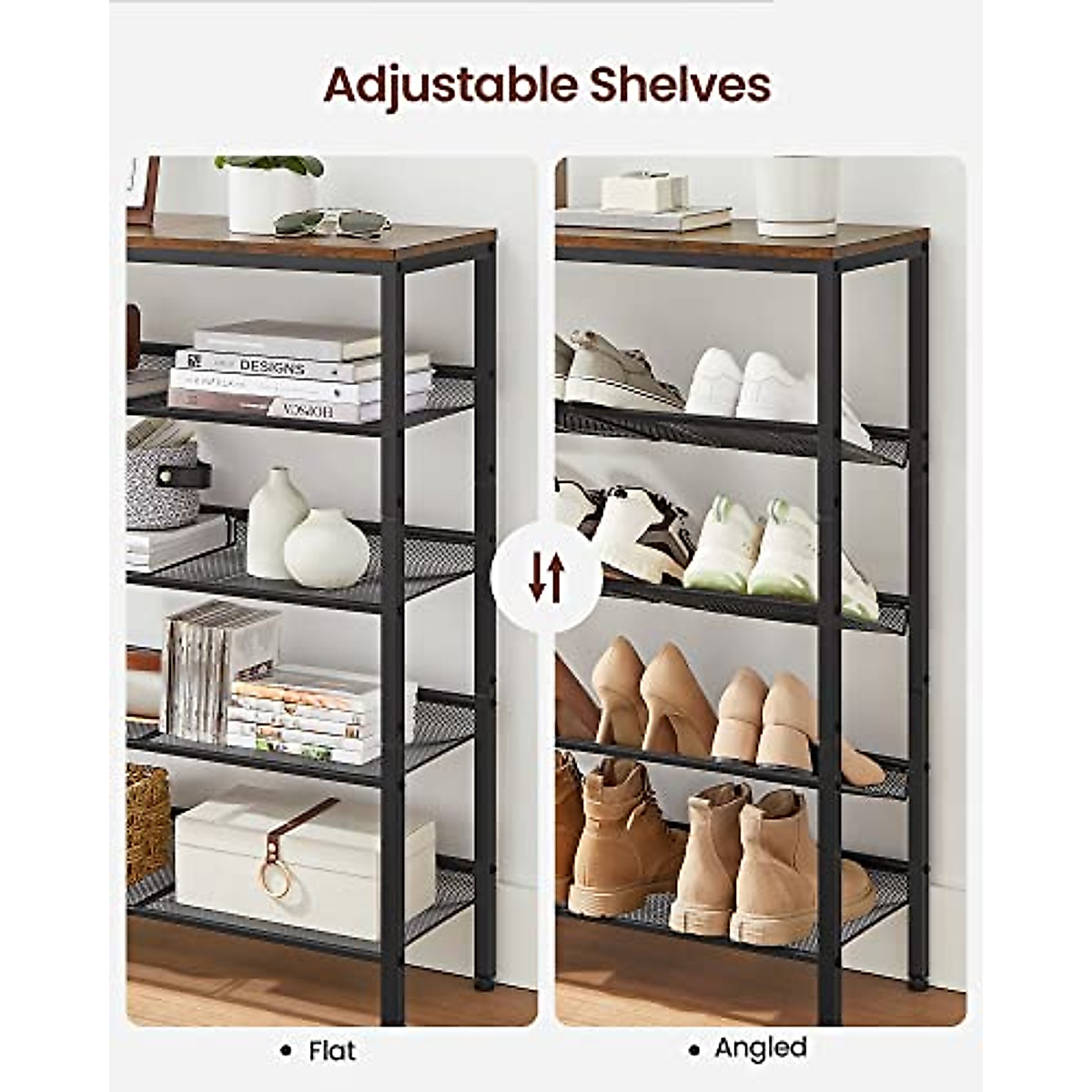 VASAGLE Shoe Rack for Entryway, 5 Tier Shoe Storage Shelves, 16-20 Pairs Shoe Organizer, with Sturdy Wooden Top and Steel Frame, Free Standing, Industrial, Rustic Brown and Black ULBS038B01