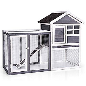 Tangkula Rabbit Hutch, Indoor Outdoor Bunny Cage with Run, Wooden Rabbit Cage with Waterproof Roof & Pull Out Tray, Chicken Coop Pet House for Rabbits, Chicken and Guinea Pigs (Gray)