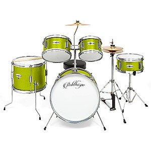 Ashthorpe 5-Piece Complete Junior Drum Set with Genuine Brass Cymbals - Advanced Beginner Kit with 16" Bass, Adjustable Throne, Cymbals, Hi-Hats, Pedals & Drumsticks - Green