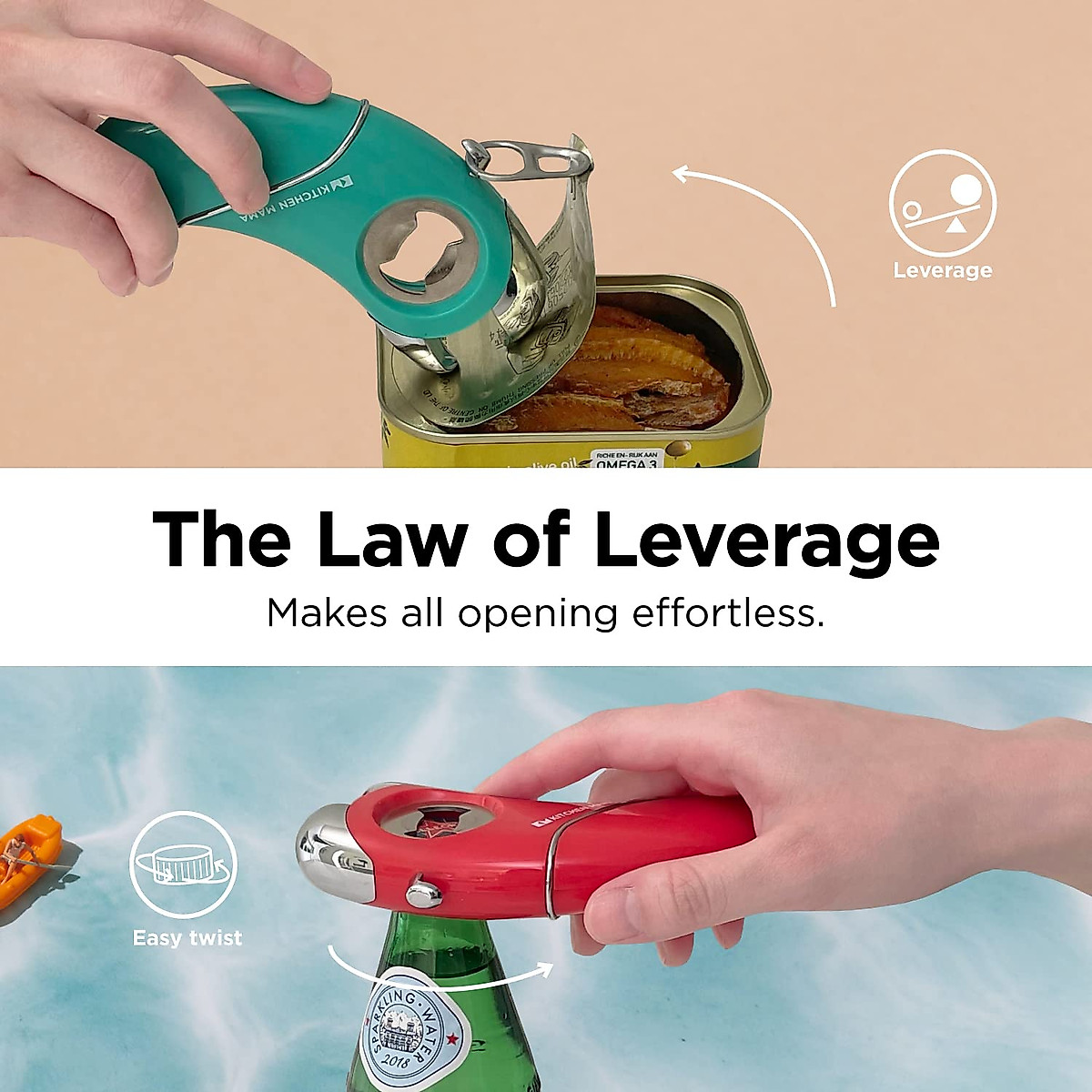 Kitchen Mama Epic One Multifunction Opener: A Pick Ergonomic Opener- Magnetic Bottle Opener, Beer & Soda Can Opener, Pull Tab & Jar Opener for Weak Hands and Arthritis (Red)