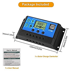 EEEKit 20A Solar Charge Controller, 12V/24V Solar Panel Battery Intelligent Regulator with Dual USB Port PWM Auto Parameter Timer Setting Adjustable LCD Display, Blue