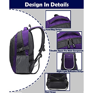 Backpack for School College Student Sturdy Bookbag Travel Business with USB Charging Port Laptop compartment Chest Straps Anti Theft Night Light Reflective (Purple)