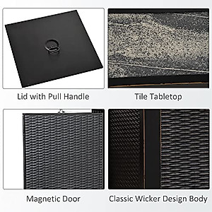 Outsunny 30 Inch Outdoor Propane Gas Fire Pit Table, 50,000 BTU Auto-Ignition Square Wicker-Effect Gas Firepit with Ceramic Tabletop, Lid, Lava Rocks & Rain Cover, CSA Certification