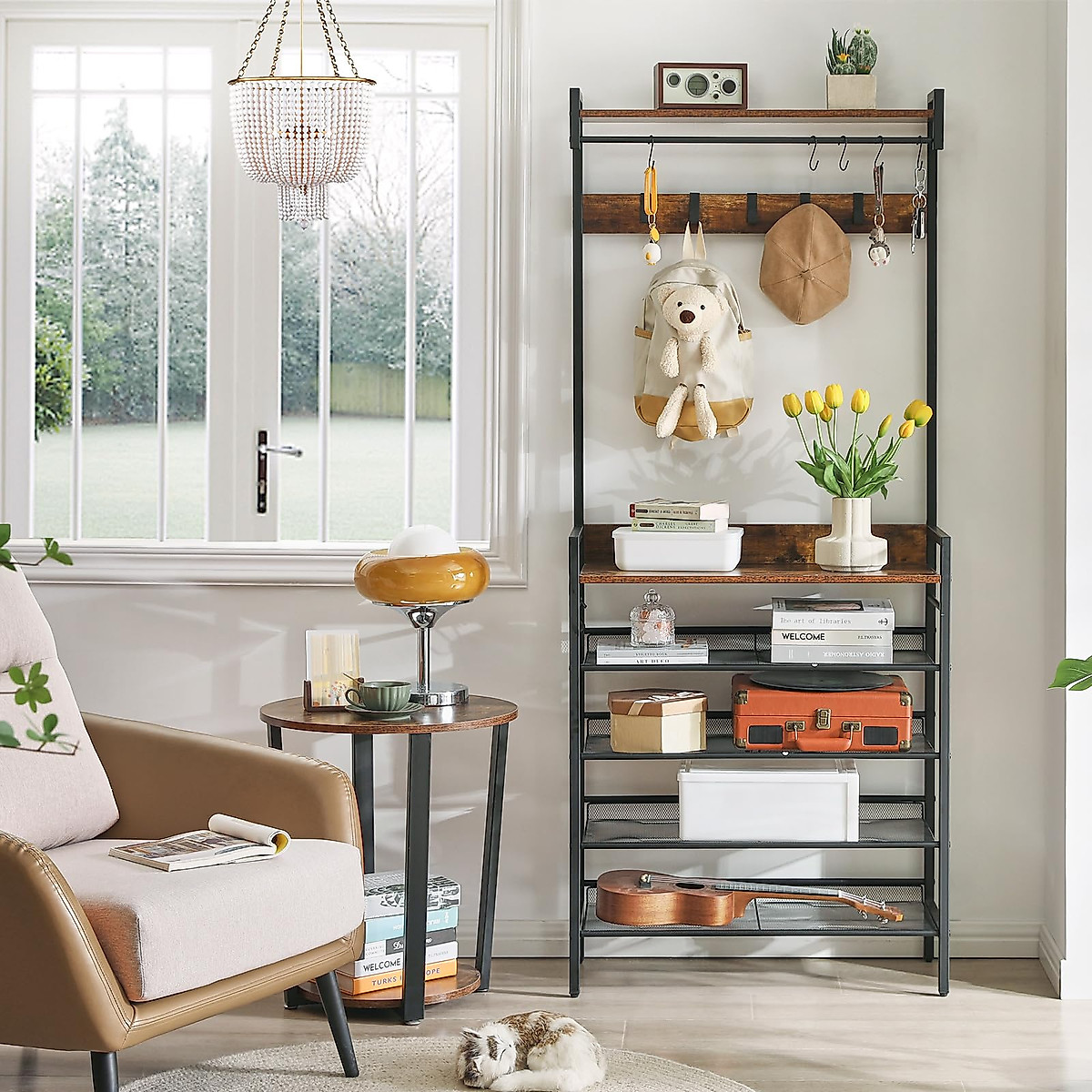 IBUYKE Coat Rack Shoe Rack, 4 in 1 Multi-Function Hall Tree with Slant Adjustable Shoe Storage, 5-Tier Storage Shelf and 9 Hooks Removable, Industrial Accent Furniture for Entryway, UTXJ008H