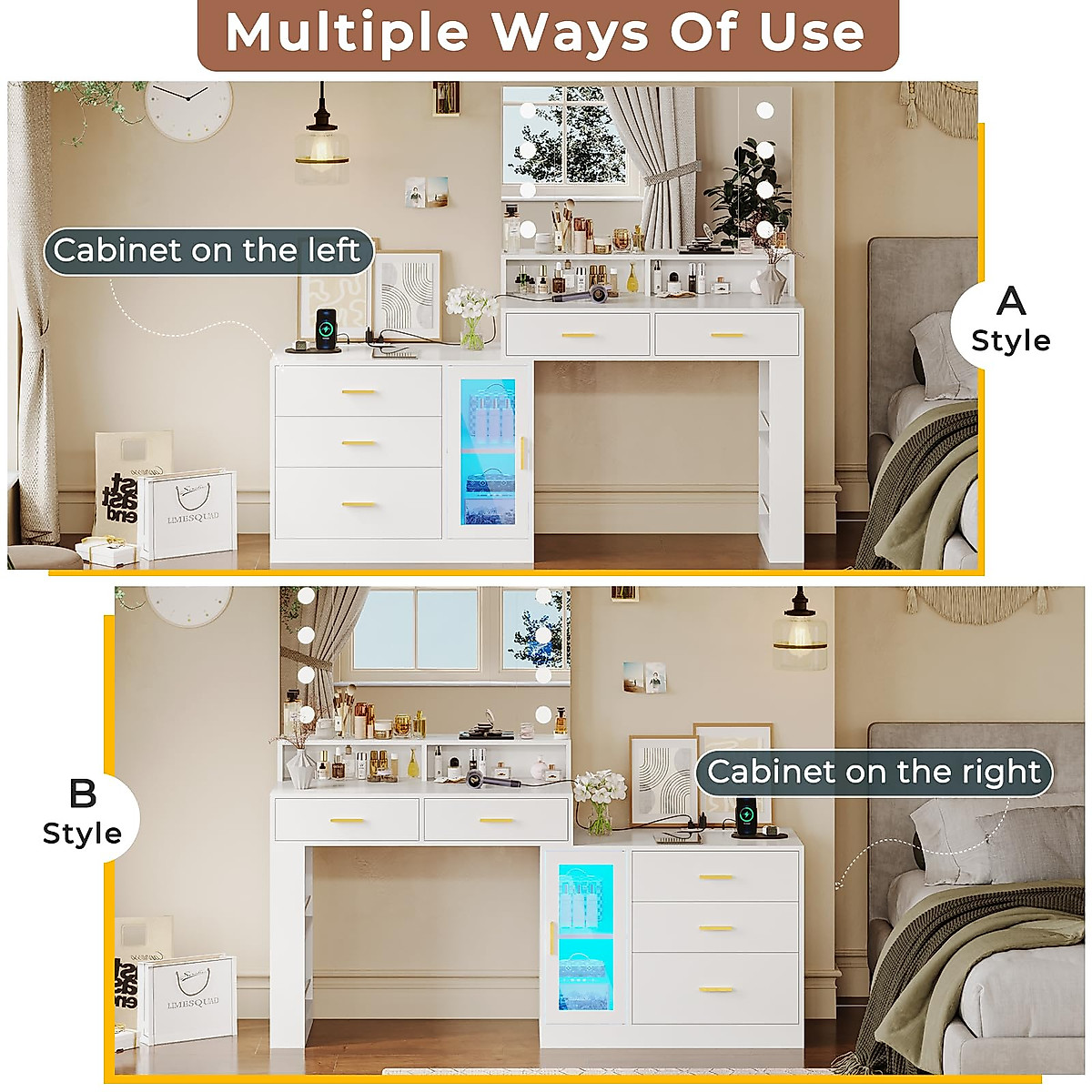 MSmask White Vanity Desk with Mirror and Lights, Makeup Vanity Table with Power Outlet, Large Makeup Desk with 5 Drawers, RGB Cabinets, Side Storage Shelf, 2 Installation Methods