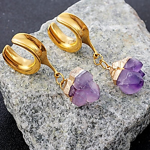 Casvort 2 PCS 12mm (1/2'') Hypoallergenic 316 Stainless Steel Gold Saddle Tunnels Hangers Amethyst Stone Dangle Ear Gauges Plugs Stretcher Earring Body Jewelry