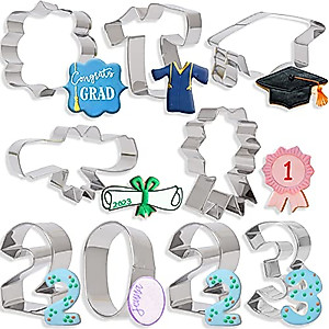 9 Pack 2023 Graduation Cookie Cutters Set - Graduation Cap, Diploma, Medallion, Graduation Gown, Plaque Frame, Number 2023 Biscuit Sandwich Fondant Fruit Cookie Cutters for Baking