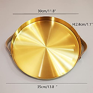 12 Inch Round Golden Tray with Brown Handle, Metal Vanity Tray with Mirror Finish, 1”Deep Decorative Brass Tray Serving Platter for Dessert Table, Jewelry, Exxacttorch